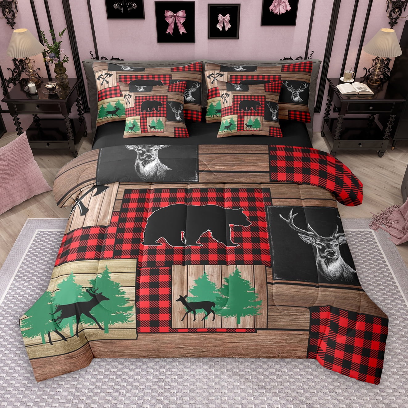 Manfei Wildlife Moose Bear 7pcs Bedding Comforter Set for Men, Rustic ...