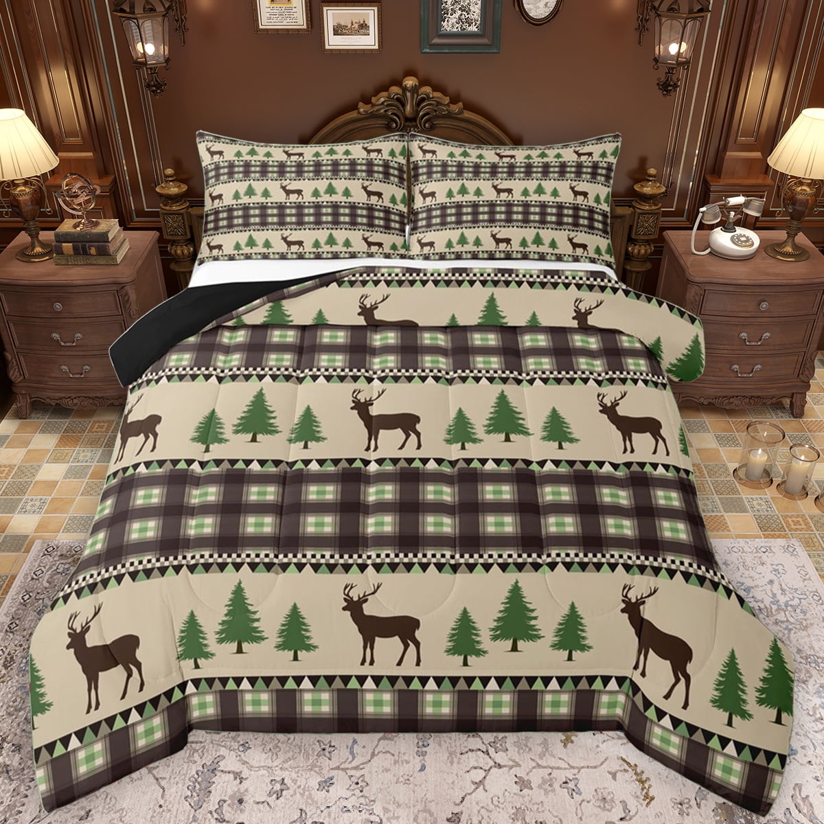 Manfei Wildlife Moose Deer Queen Comforter Set for Kids, Jungle Pine ...
