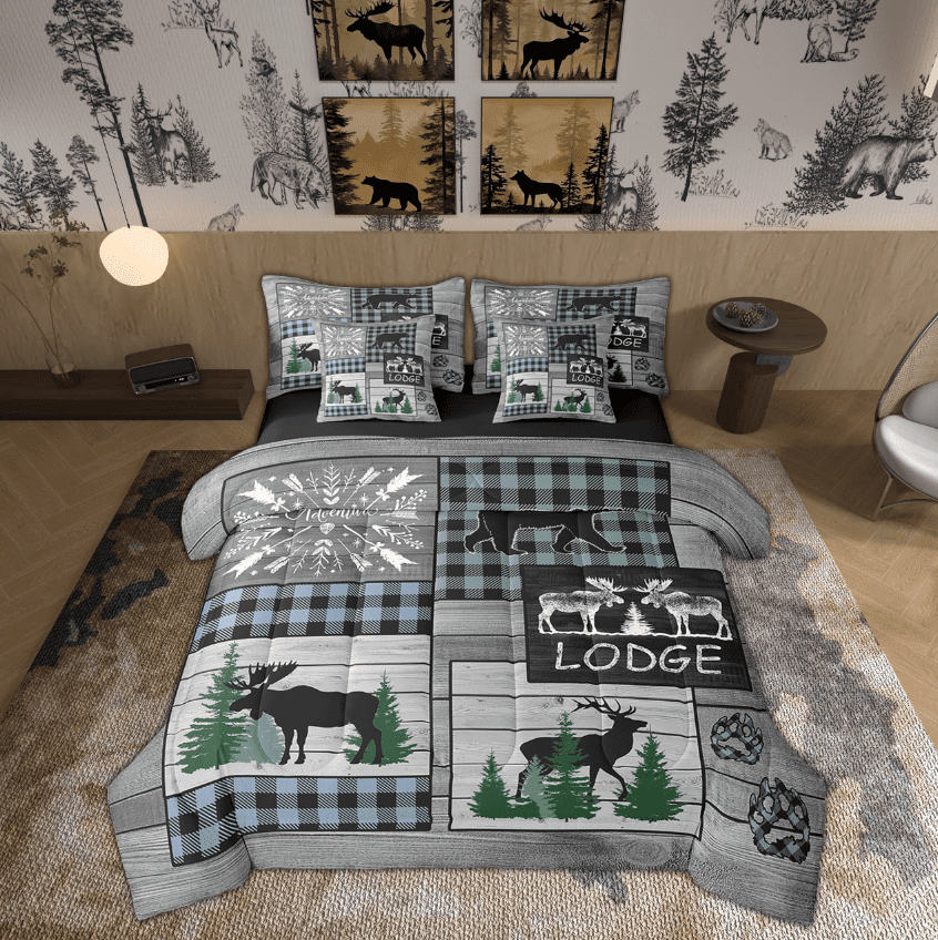 Manfei Wildlife Reindeer Elk Bed in a Bag Queen size, Green Lake House ...