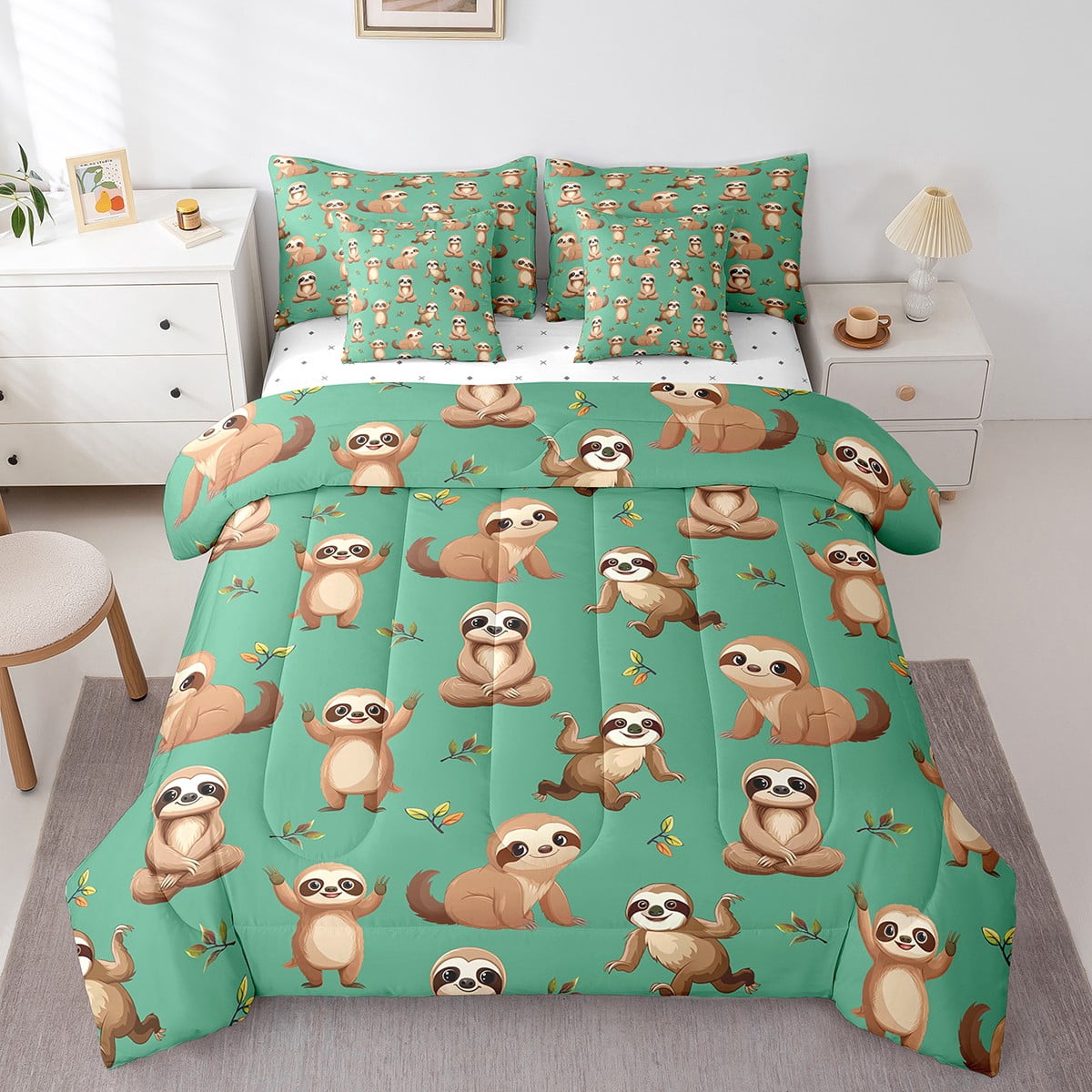 Manfei Wildlife Sloth 7-Piece Bedding Comforter Set,Green Brown King ...