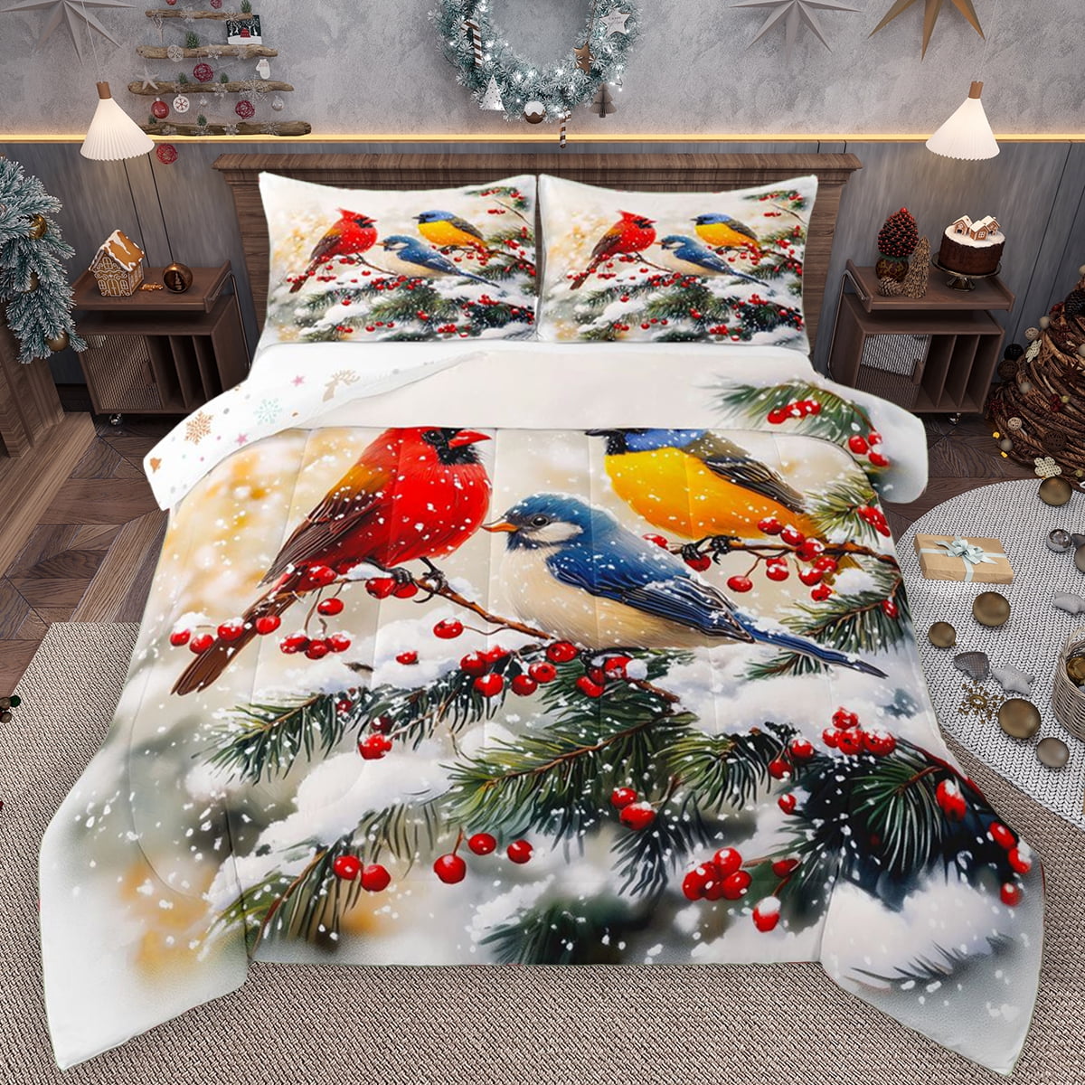 Manfei Winter Cute Robin Queen Comforter Set for Kid, Cute Christmas ...
