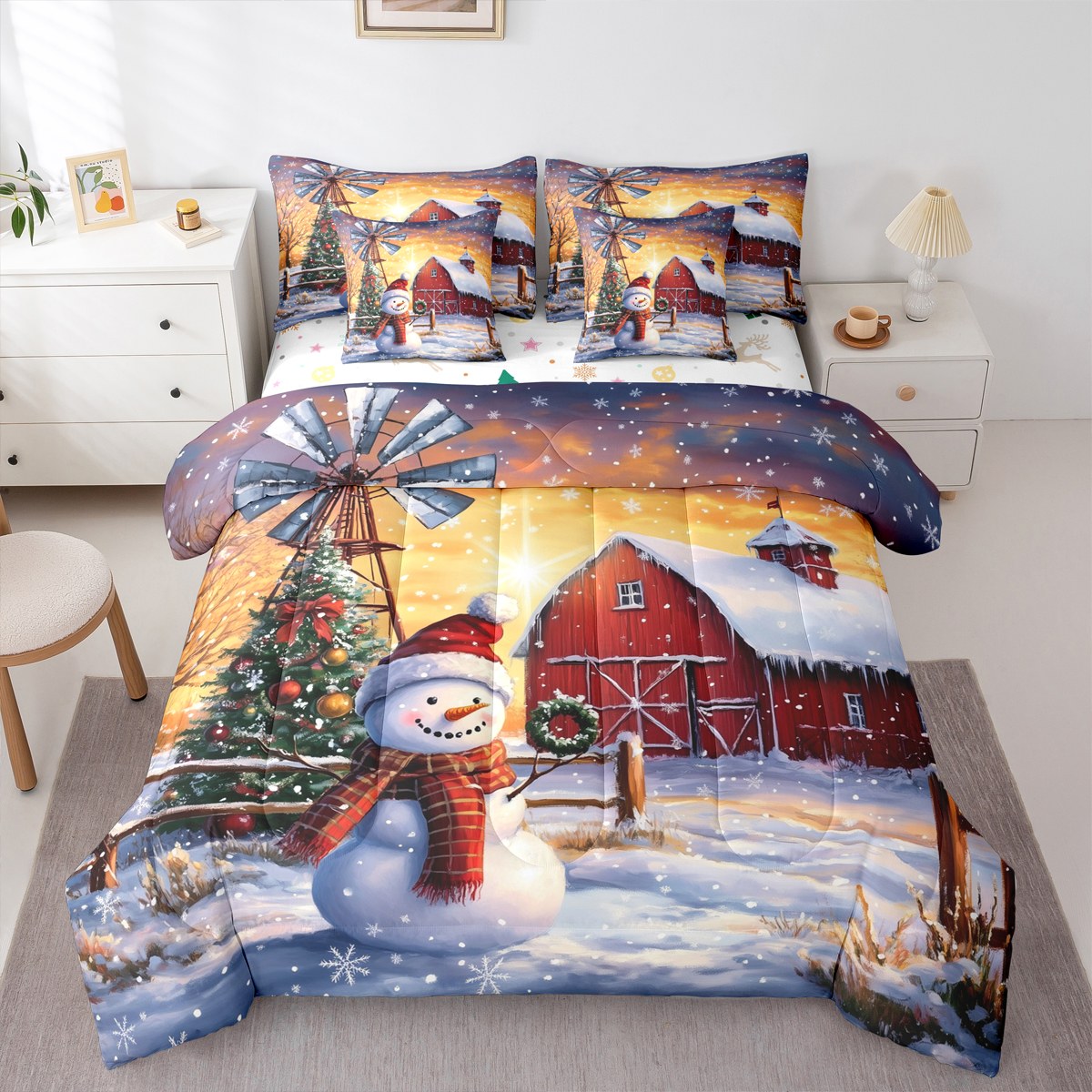 Manfei Winter Cute Snowman Bedding Comforter Set 7pcs, Merry Christmas ...