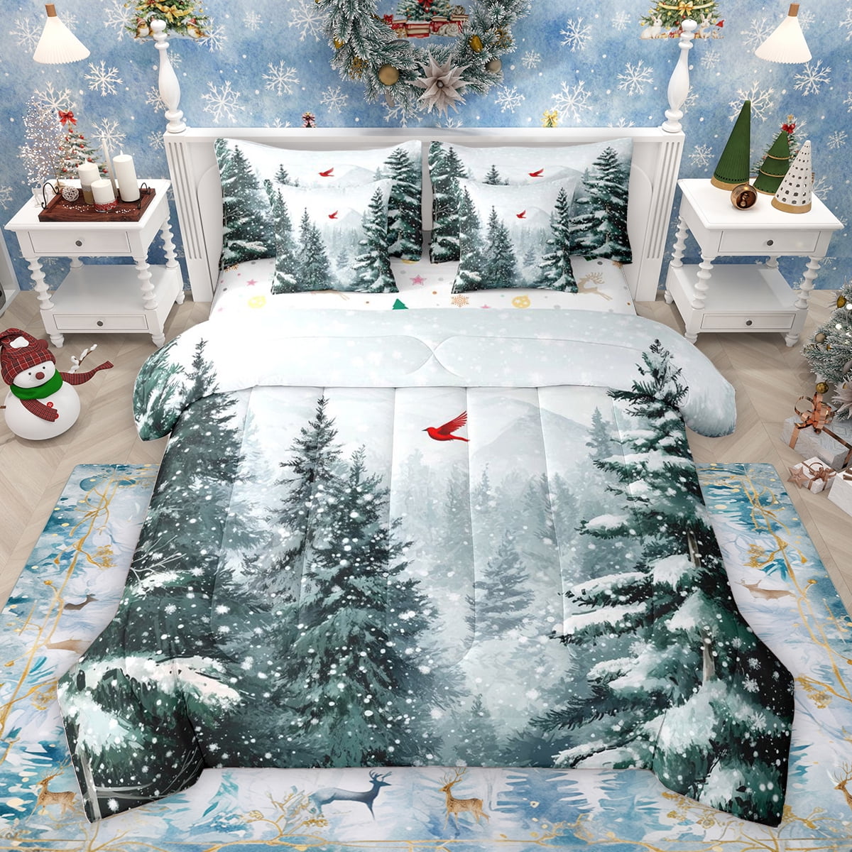 Homewish Winter Pine Tree Bedding Comforter Set 7pcs for Adult, Jungle ...