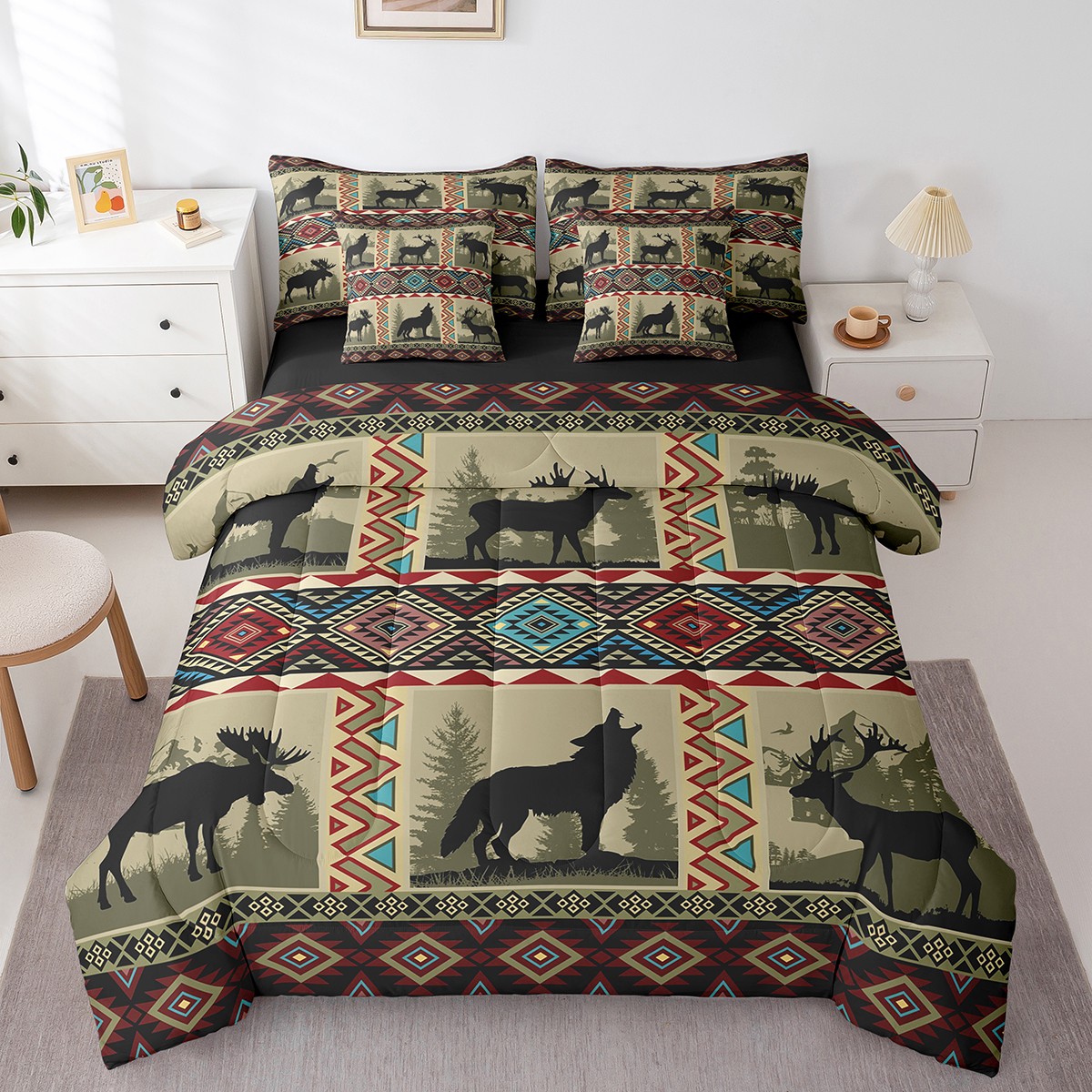 Manfei Wolf Deer 7pcs Bedding Comforter Set,Tribal Aztec Queen Bedding ...