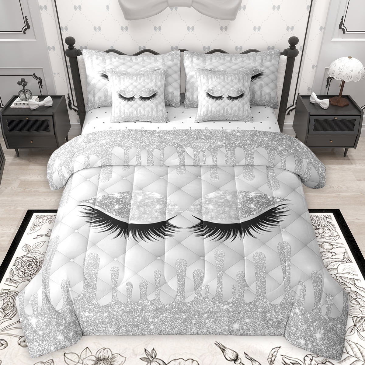 Manfei Women Glamorous Eyelashes Bedding Comforter Set 7pcs, Grey Bling ...