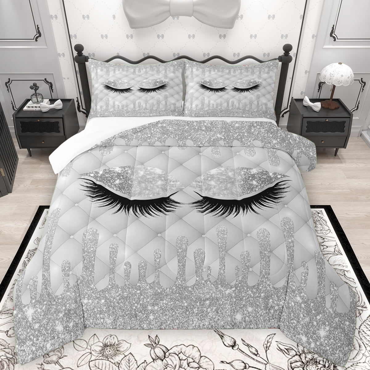 Manfei Women Glamorous Eyelashes Full Size Comforter Sets, Grey Bling ...