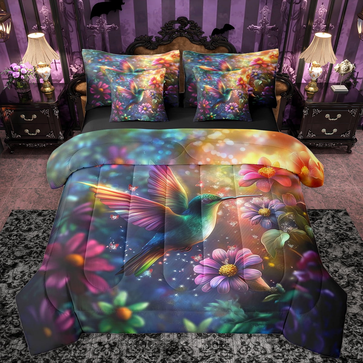 Manfei Women Glitter Hummingbird Bedding Comforter Set 7pcs, Groovy ...