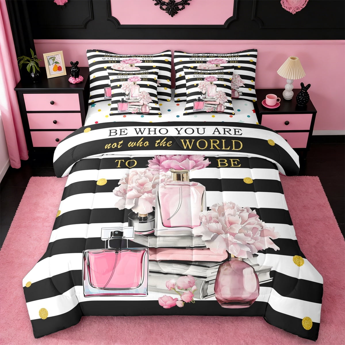 Manfei Women'S Perfume Bedding Comforter Set 7pcs,Pink Flower Floral ...