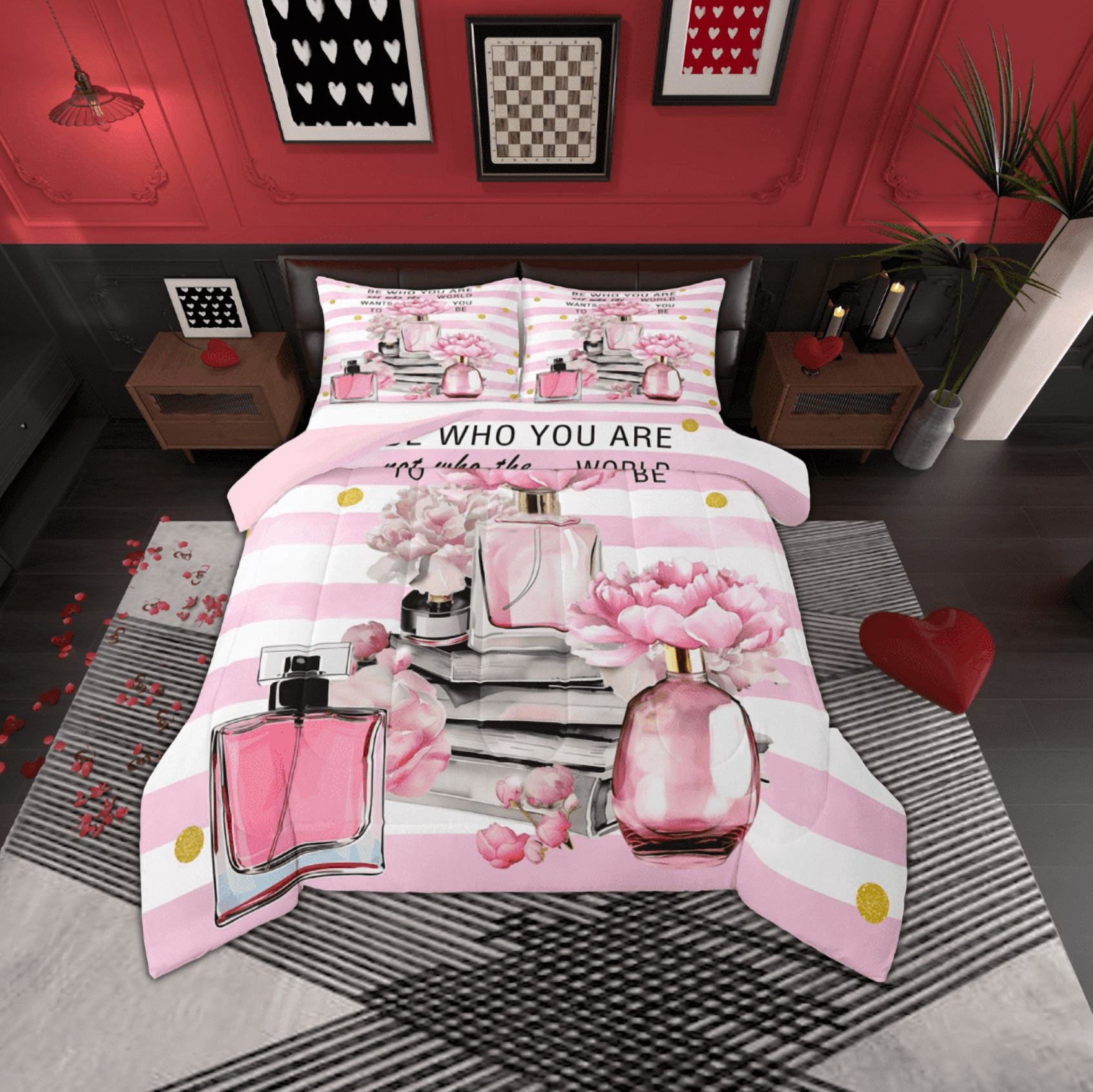 Manfei Women'S Perfume Bedding Comforter Set,Pink Romantic Flower Twin ...