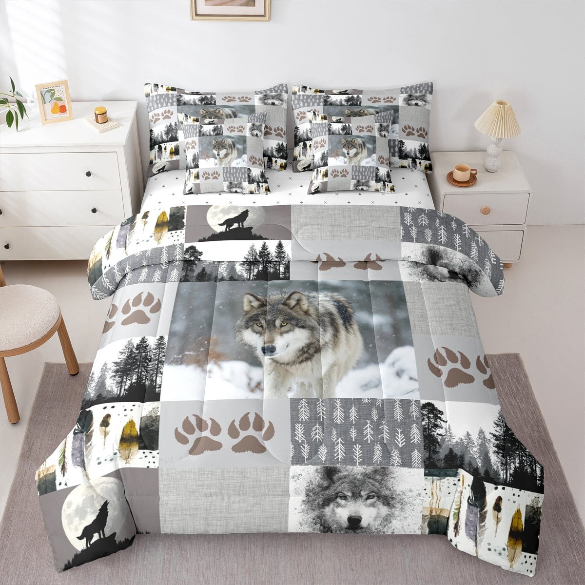 Manfei Woodland Animal Wolves Twin Bedding Sets 7-Piece,Howling Wolf ...
