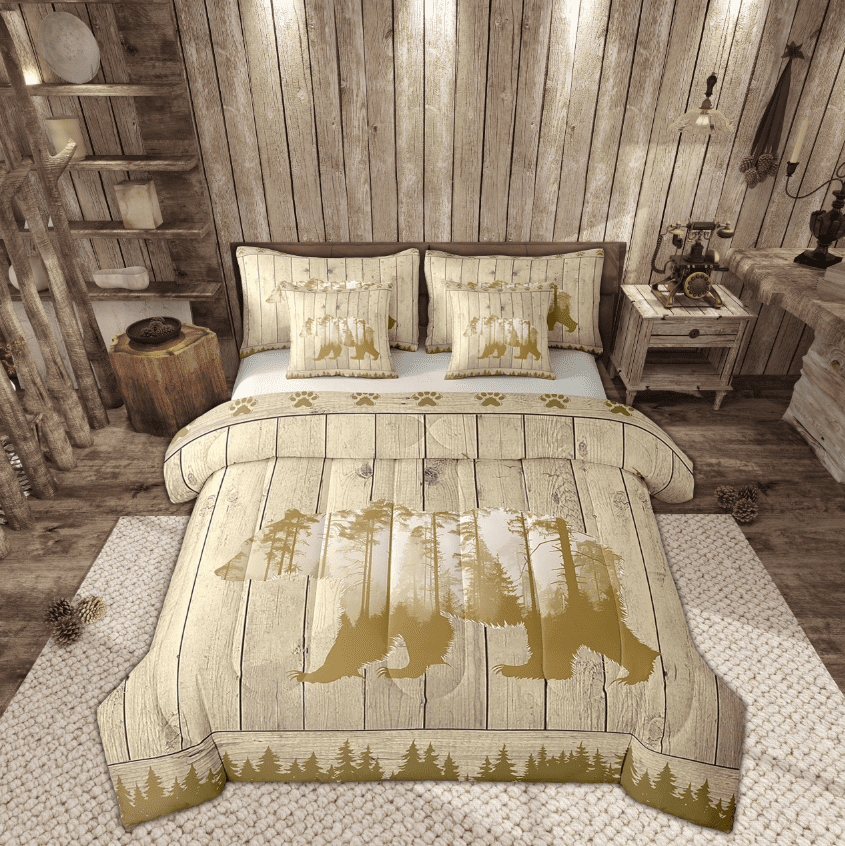 Manfei Woodland Bear Print Bedding Full Size, Wheat Lodge Cabin Bed Set ...