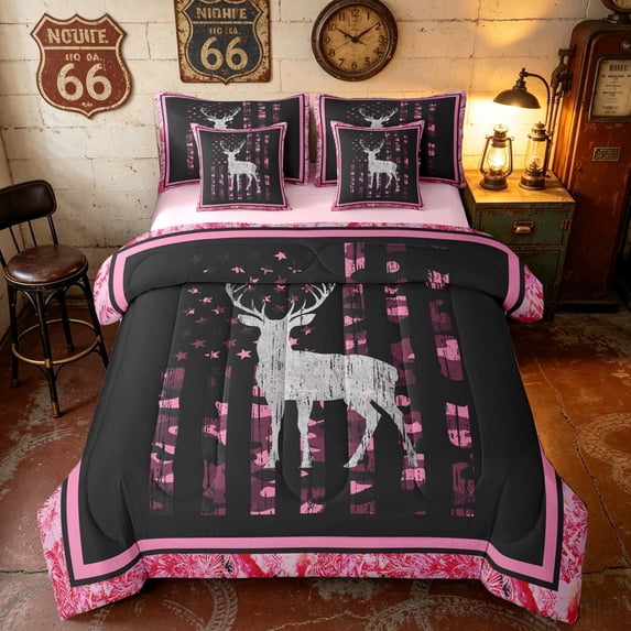 Manfei Woodland Deer Moose King Bedding, Retro US Flag King Bed in a ...