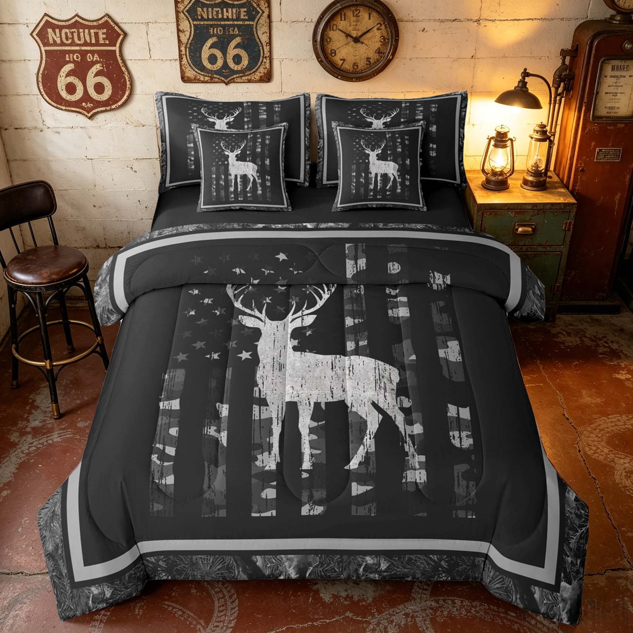 Manfei Woodland Deer Moose Queen Bedding, Retro US Flag Bedding ...