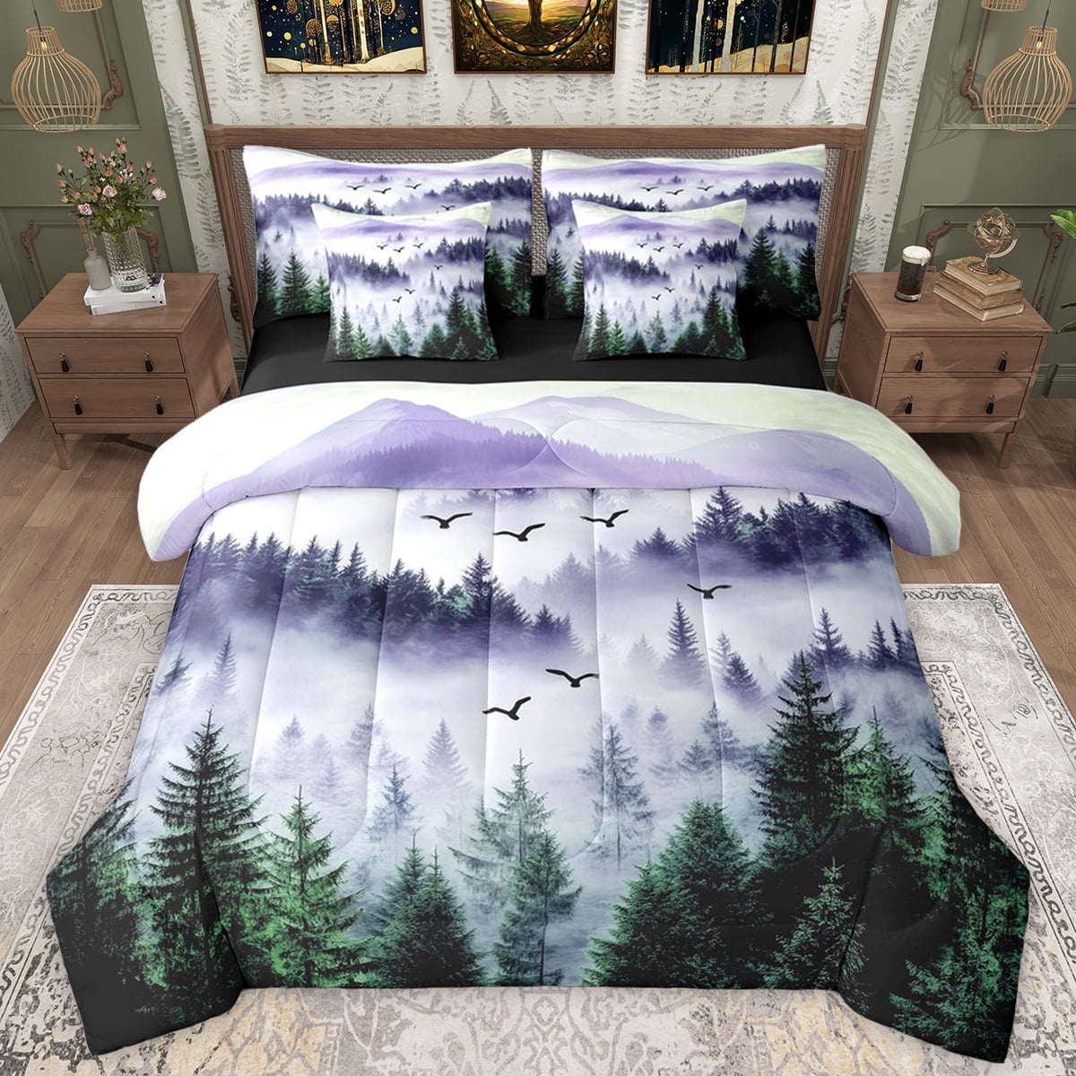 Manfei Woodland Pine Tree Bedding Comforter Set 7pcs for Men, Nature ...