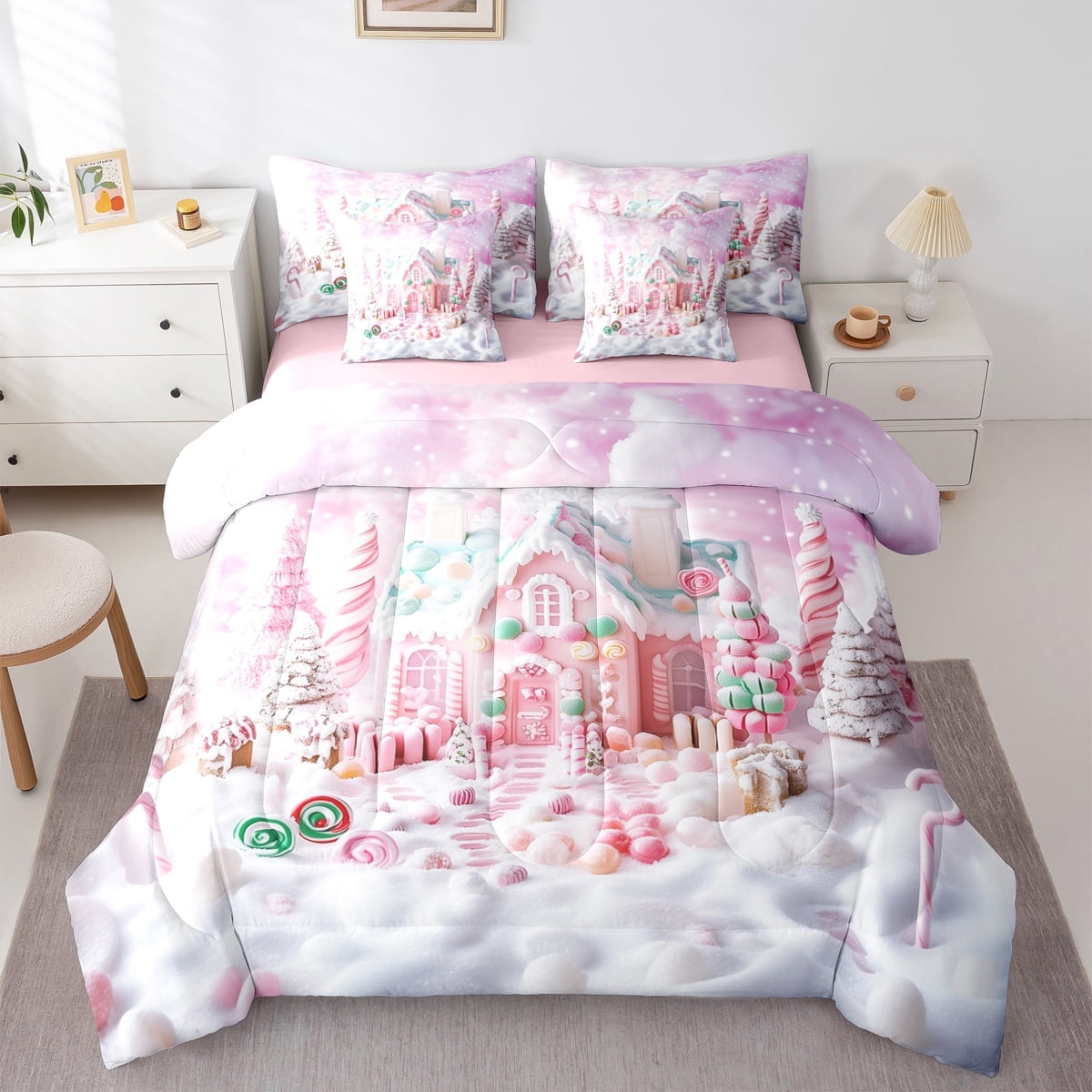 Manfei Xmas Candy Cnae 7-Piece Bedding Comforter Set,Girls Dessert King ...