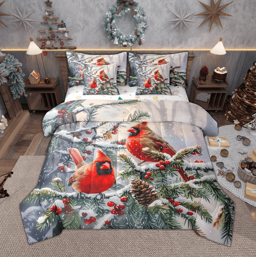 Manfei Xmas Cardinal Bird Bedding Comforter Set 7-Piece, Green Pine ...