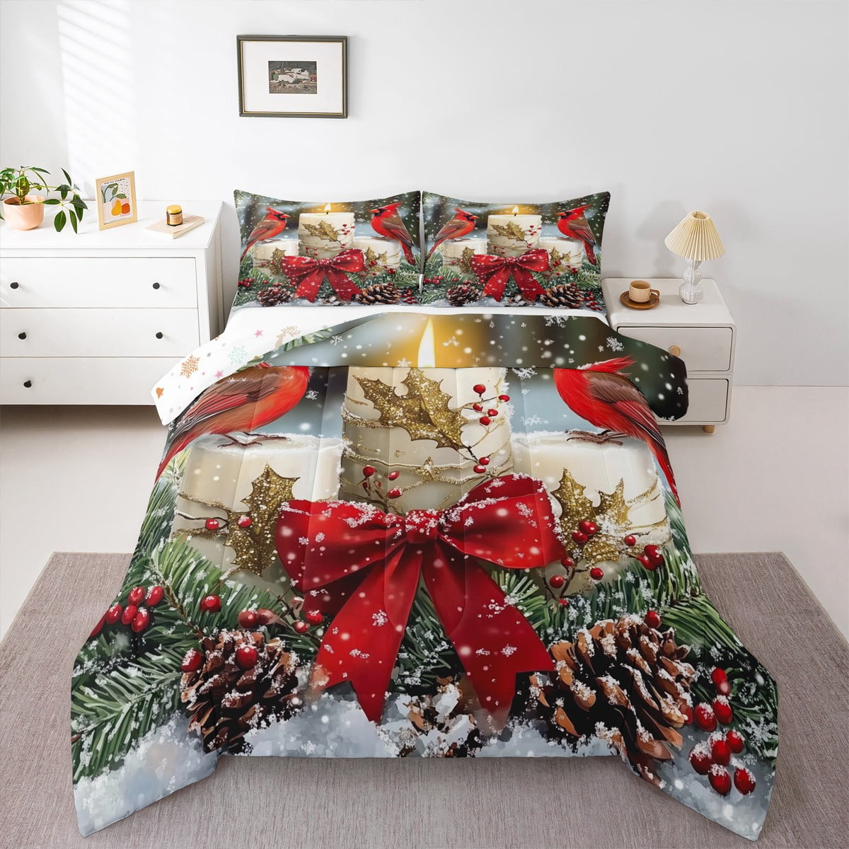 Manfei Xmas Cardinal Bird Bedding Comforter Set,Merry Christmas Twin ...