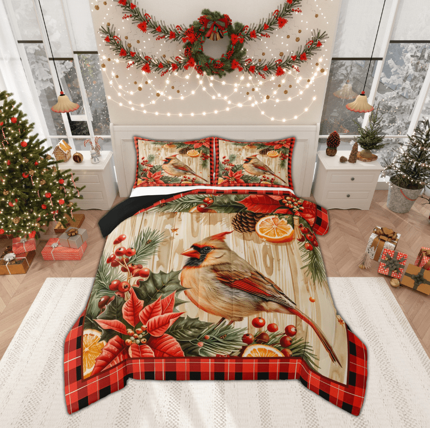 Manfei Xmas Cardinal Bird Queen Comforter Set,Red Berry Bedding Sets ...