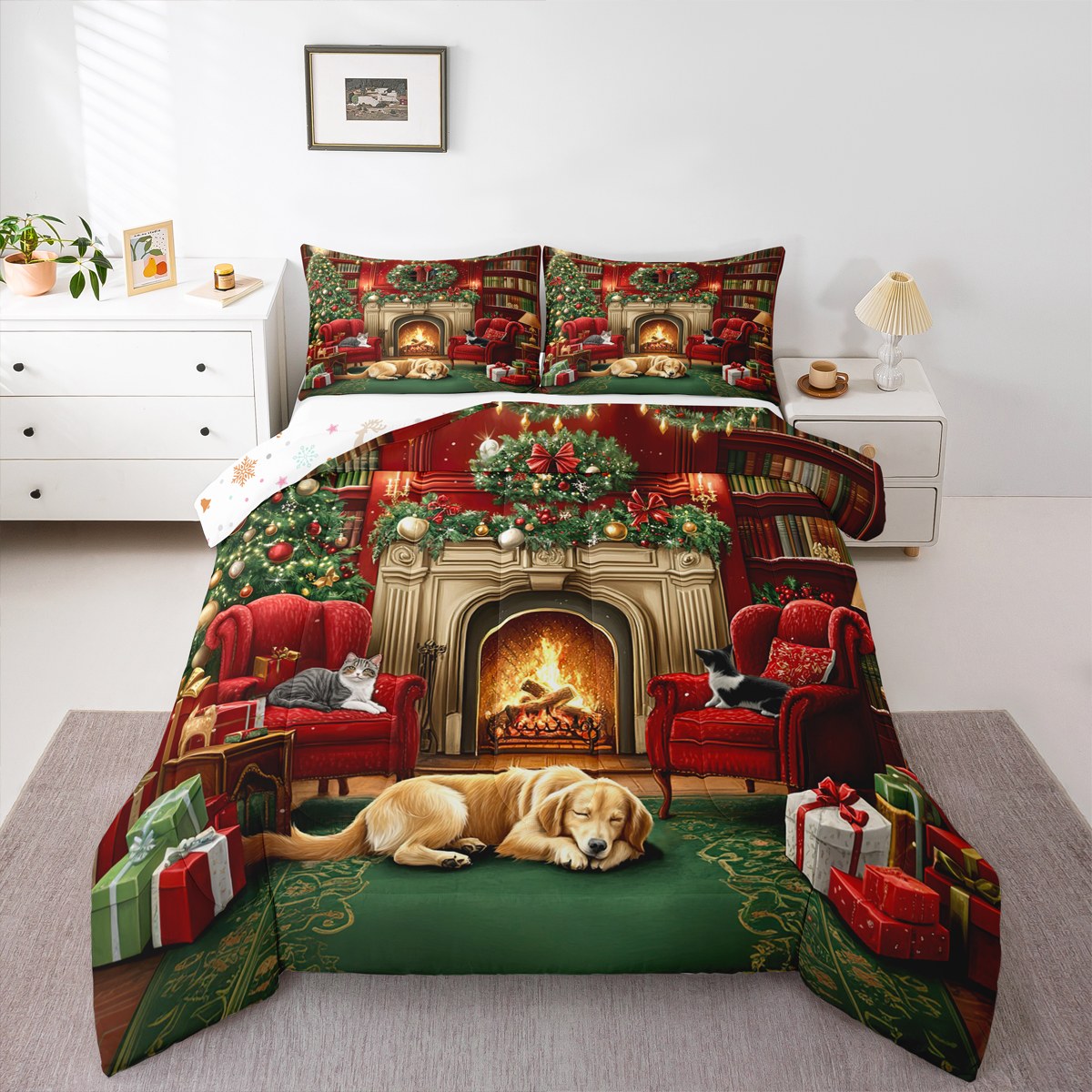 Manfei Xmas Cat Dog Animal Queen Comforter Set, Cartoon Christmas Gifts ...