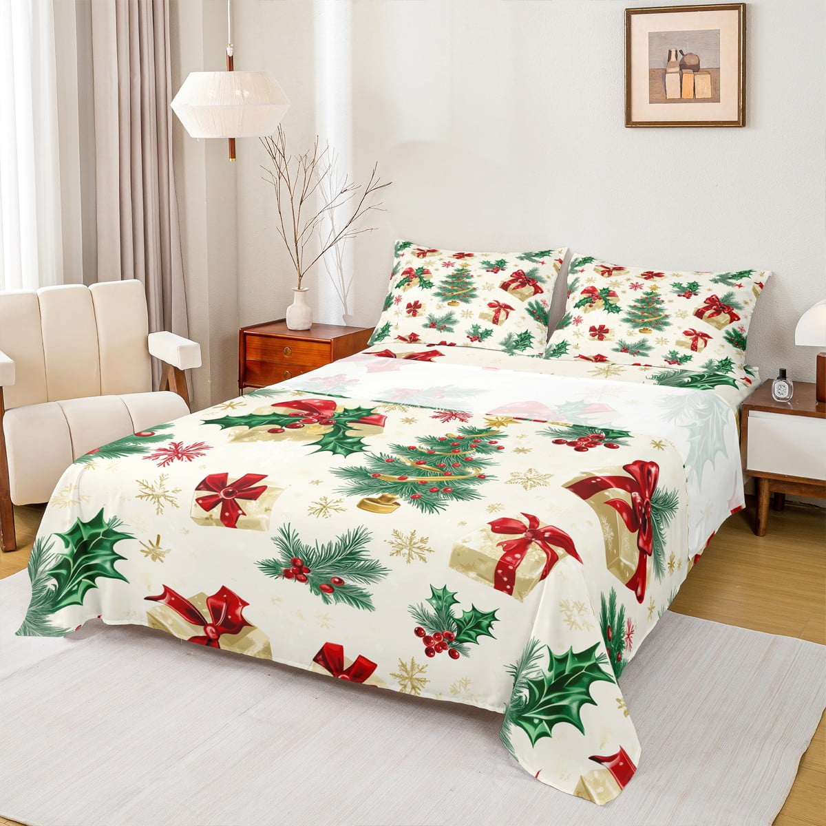 Manfei Xmas Gifts Bed Sheets,Merry Christmas King Sheets,Red Berry ...