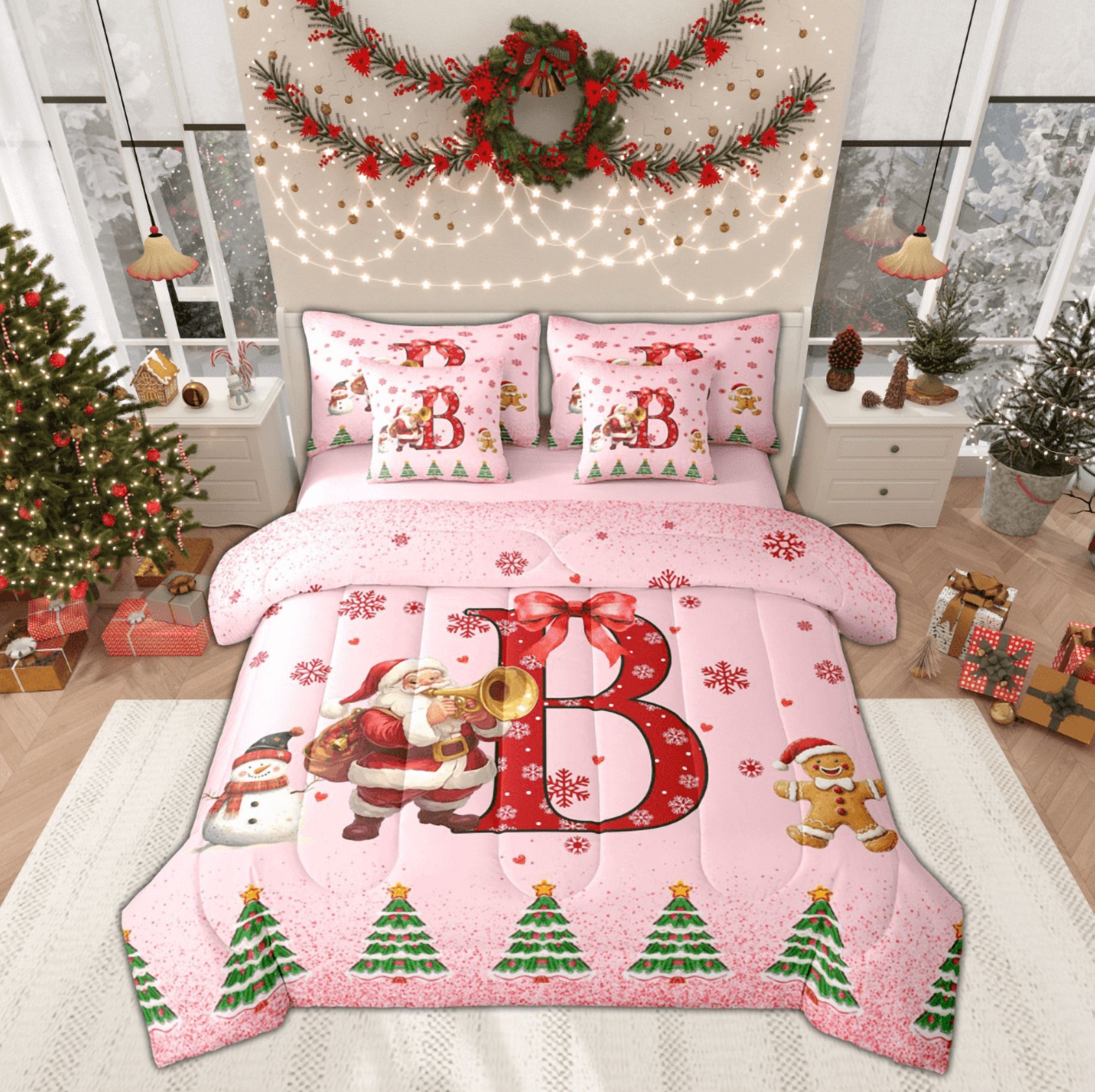 Manfei Xmas Monogrammed B Bedding Comforter Set 7pcs for Kids, Happy ...