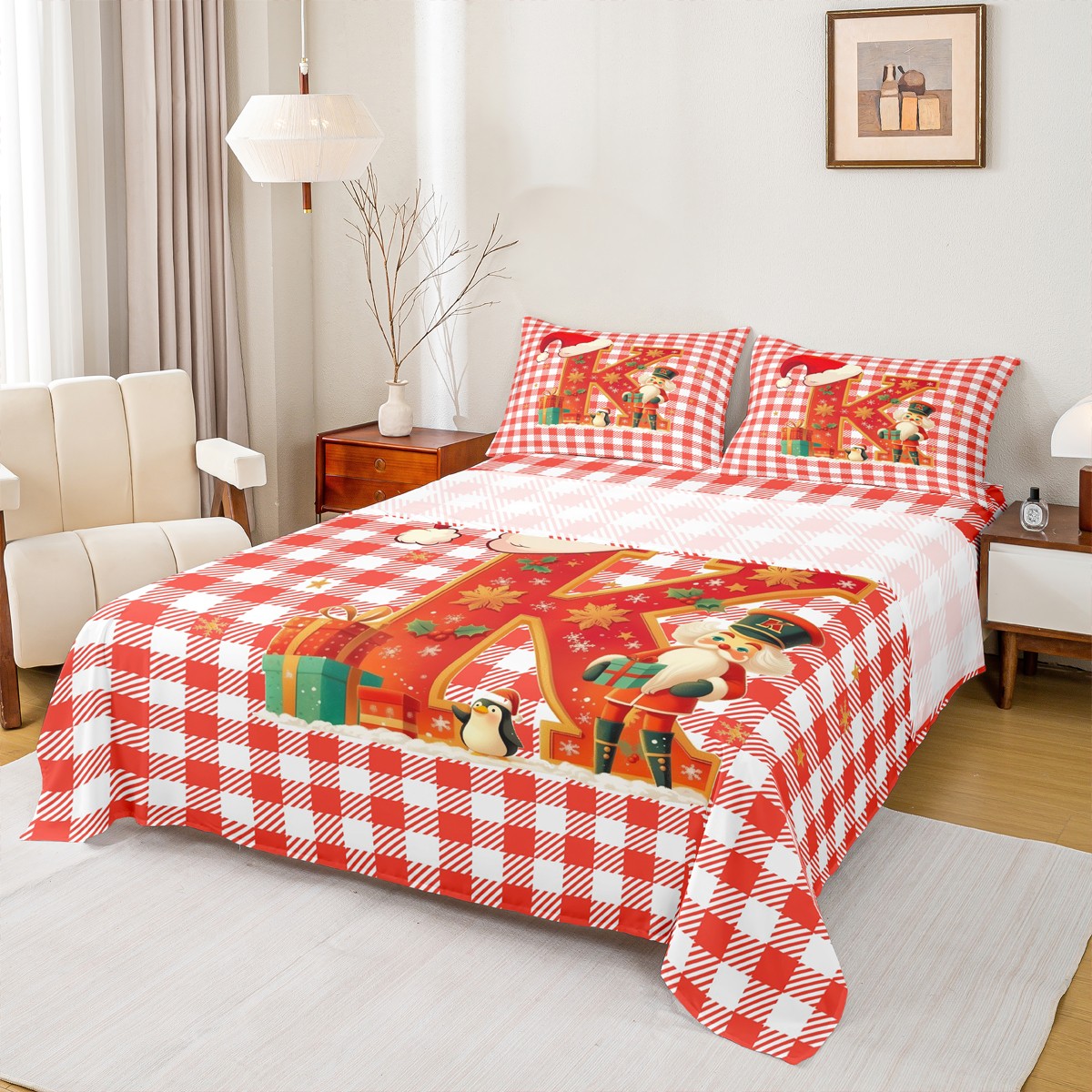 Manfei Xmas Personalized Gifts Queen Sheet Sets,Pink Letter K Flat ...
