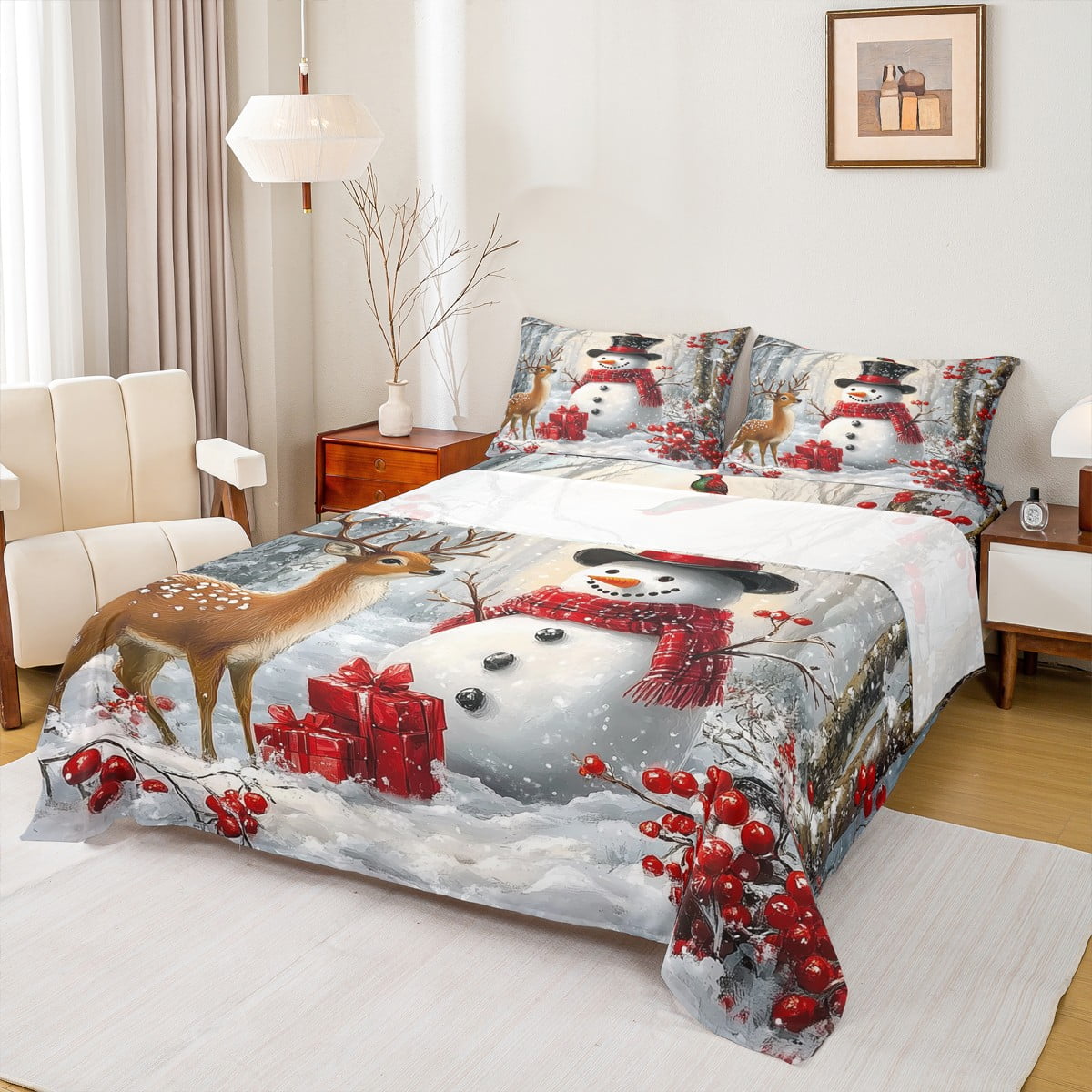 Manfei Xmas Reindeer Snowman Full Size Sheets,Christmas Flower Bed ...