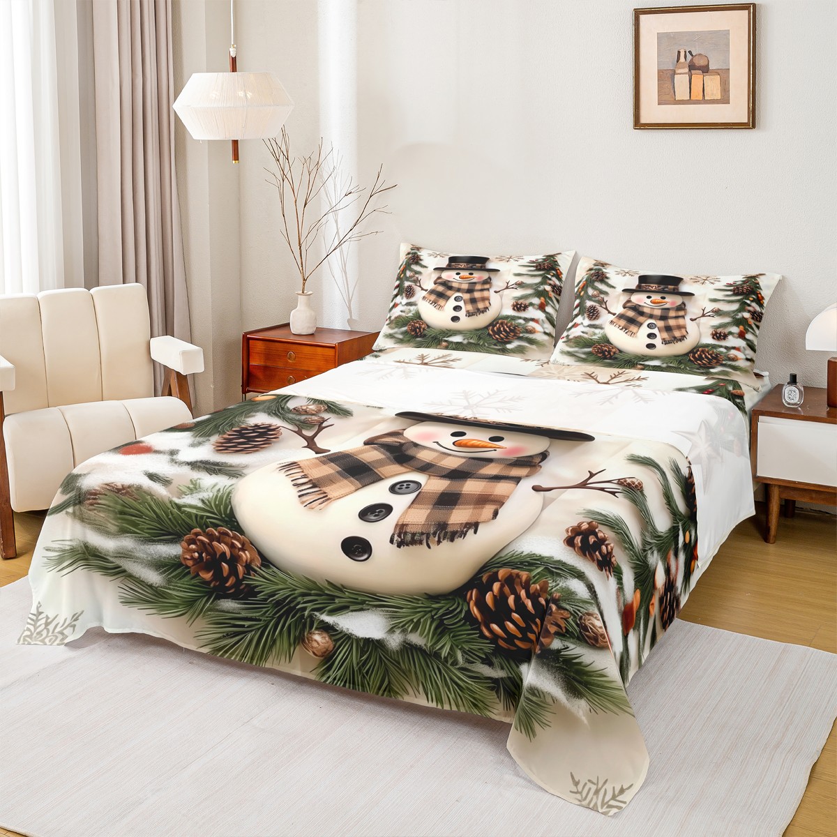 Manfei Xmas Snowmen Bed Sheets,Rustic Pine Cone King Sheets,Merry ...