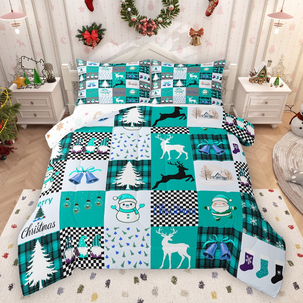 Homewish Xmas Tree Reindeer Full Size Comforter Sets for Kids, Blue ...