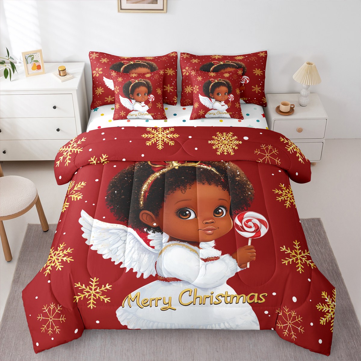 Manfei Xute Black Girl 7-Piece Bedding Comforter Set,White Angel Wings ...