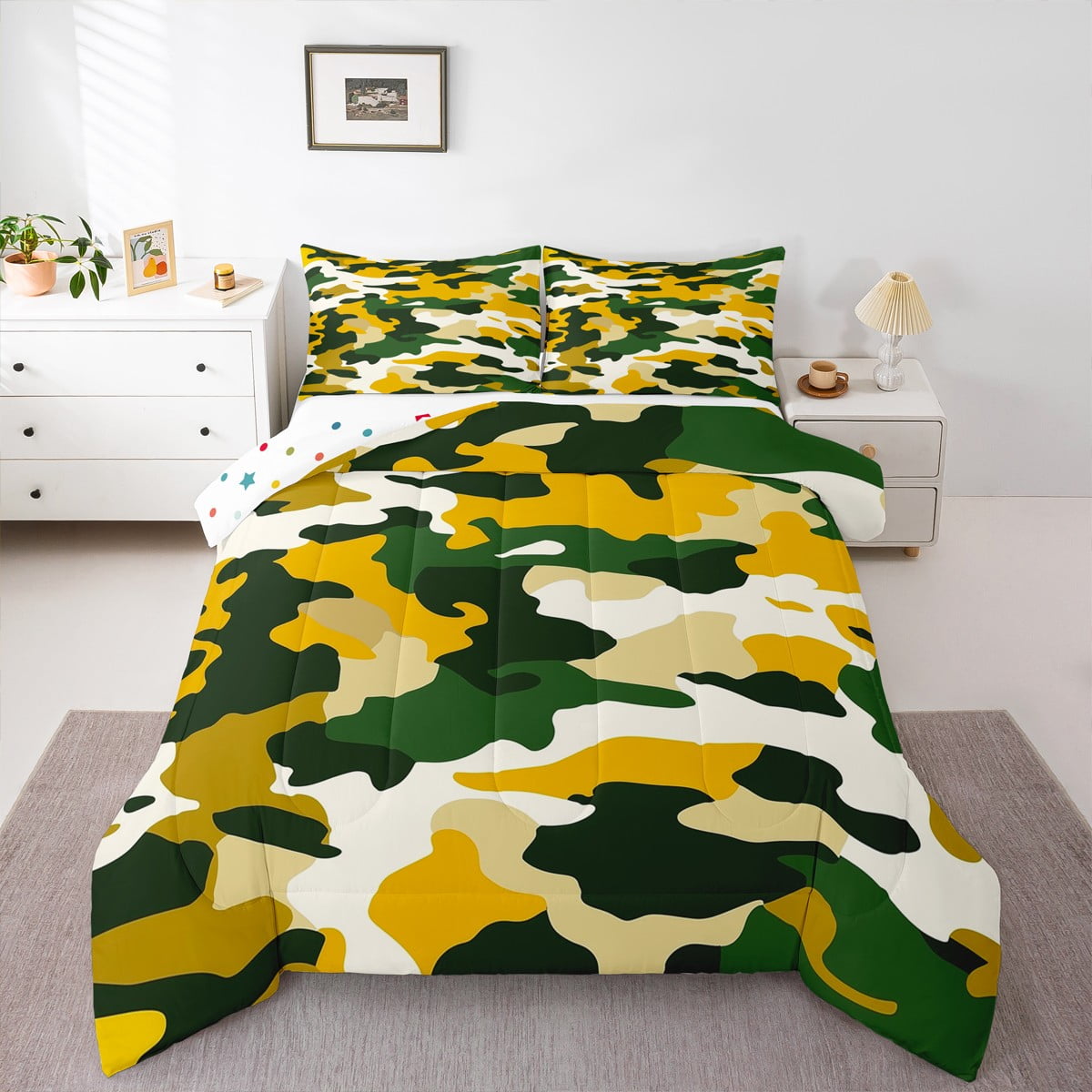 Manfei Yellow Camouflage Queen Comforter Set,Rustic Farmhouse Cabin ...