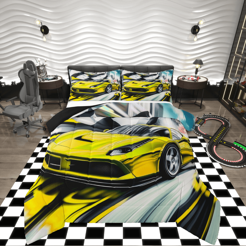 Manfei Yellow Car 3pcs King Size Comforter Sets,Car Theme Bedding ...