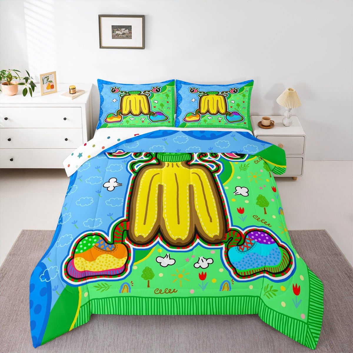 Manfei Yellow Cute Banana Comforter Sets King Size,Watercolor Grafiti ...