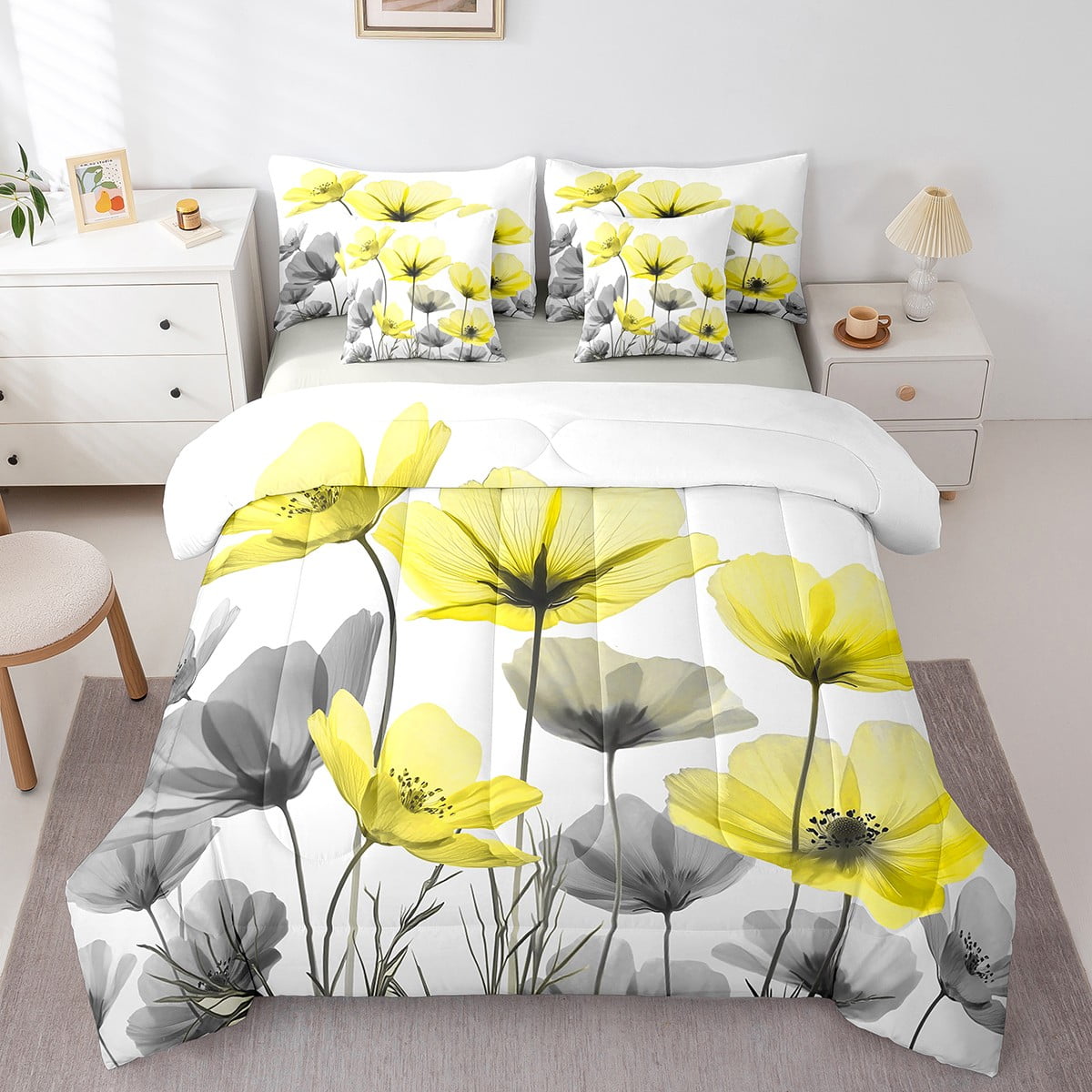 Feelyou Yellow Flower Bedding Comforter Set 7-Piece, Ink Watercolor ...