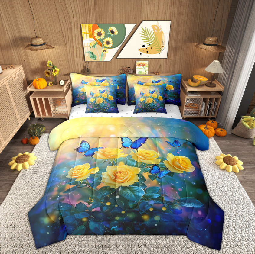 Manfei Yellow Rose Bedding Queen Size, Dreamy Butterfly Bed Set, Plant ...