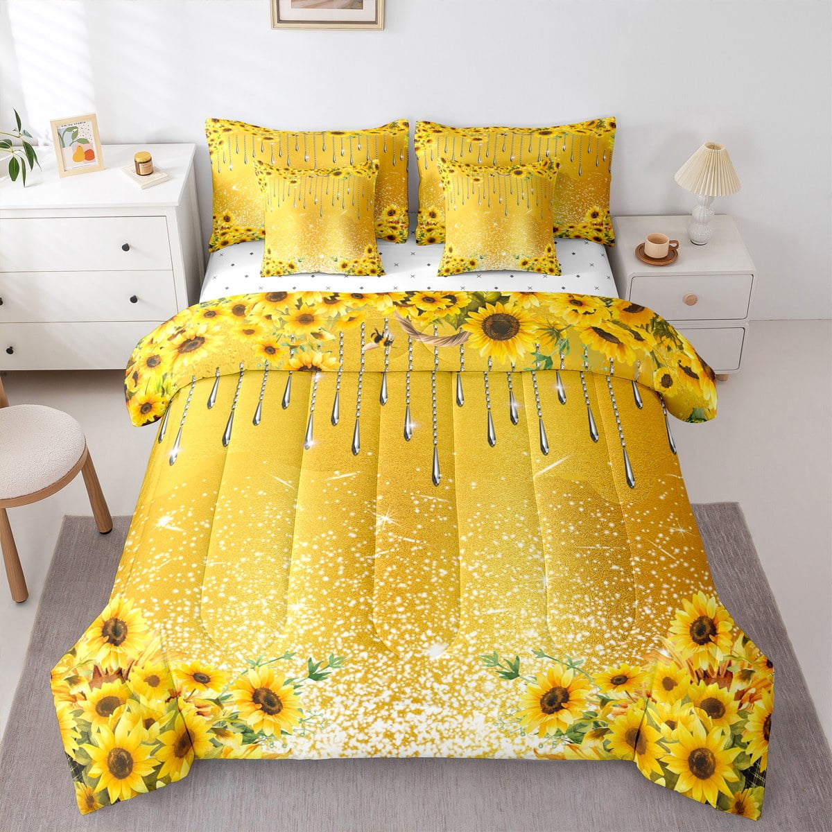 Manfei Yellow Sunflower Bedding Comforter Set 7 Pieces,Bling Shiny Full ...
