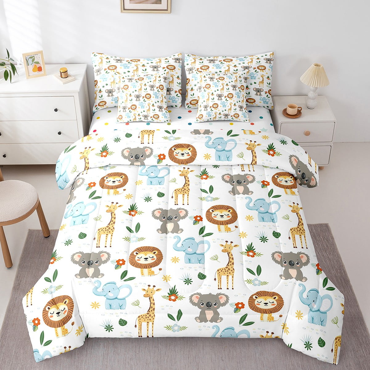Manfei Zoo Animal Kids Bedding Comforter Set 7-Piece, Cartoon Giraffe ...