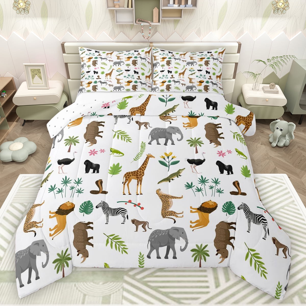 Manfei Zoo Giraffe Lions Queen Comforter Set,Wild Animal Zebra Bedding ...