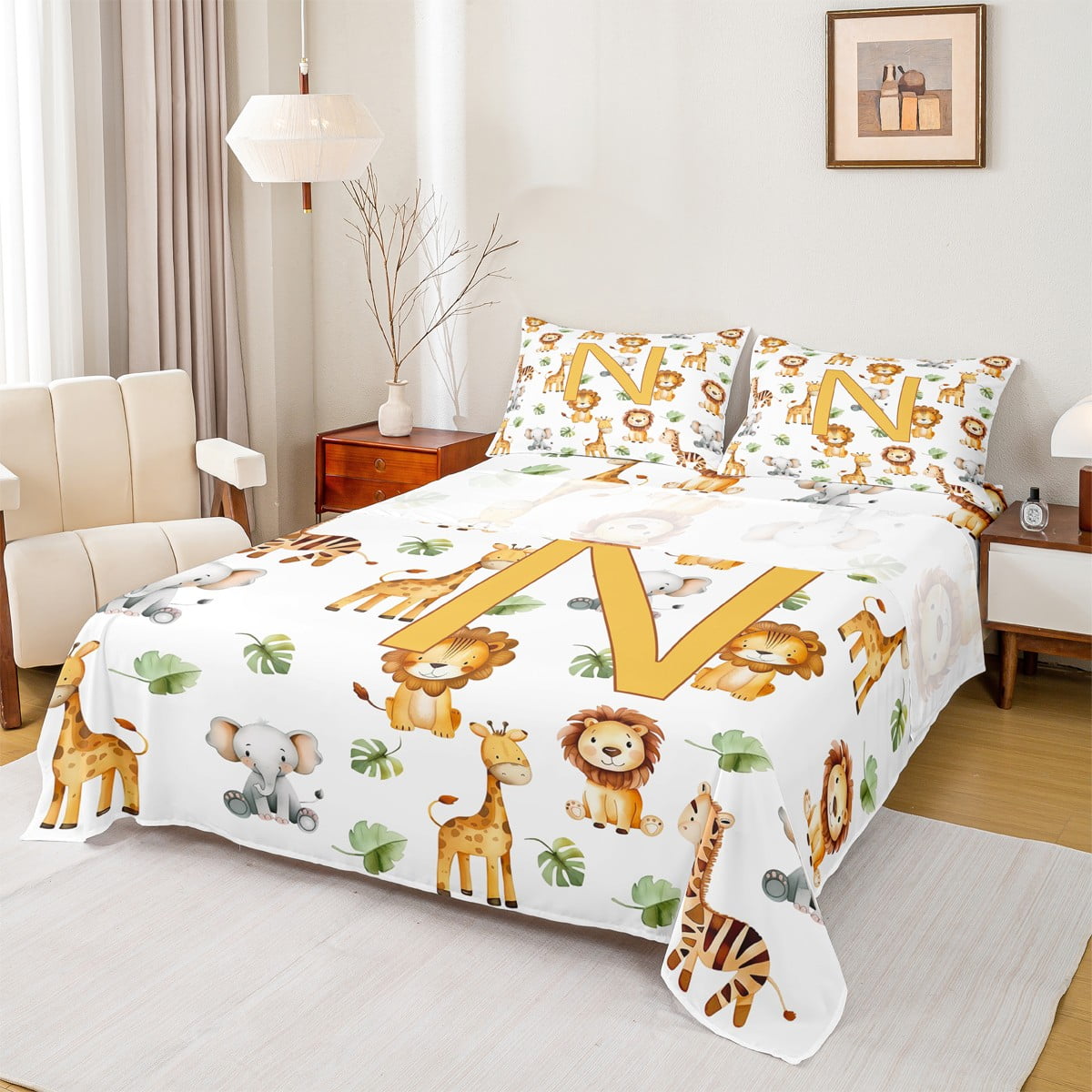 Manfei Zoo Lion Animal Full Size Sheets for Teen, Cartoon Letter N Bed ...