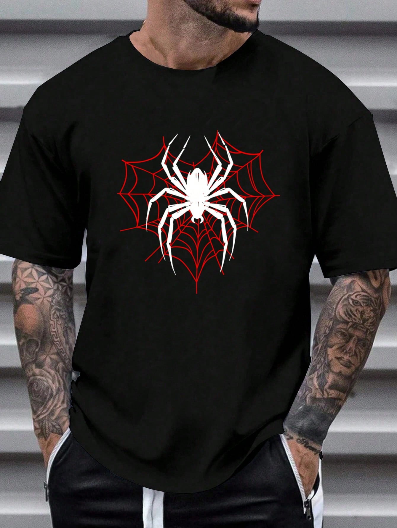 Manfinity EMRG Black Knitted Men Short Sleeve T-Shirt With Round Neck & Spider Graphic, For ...