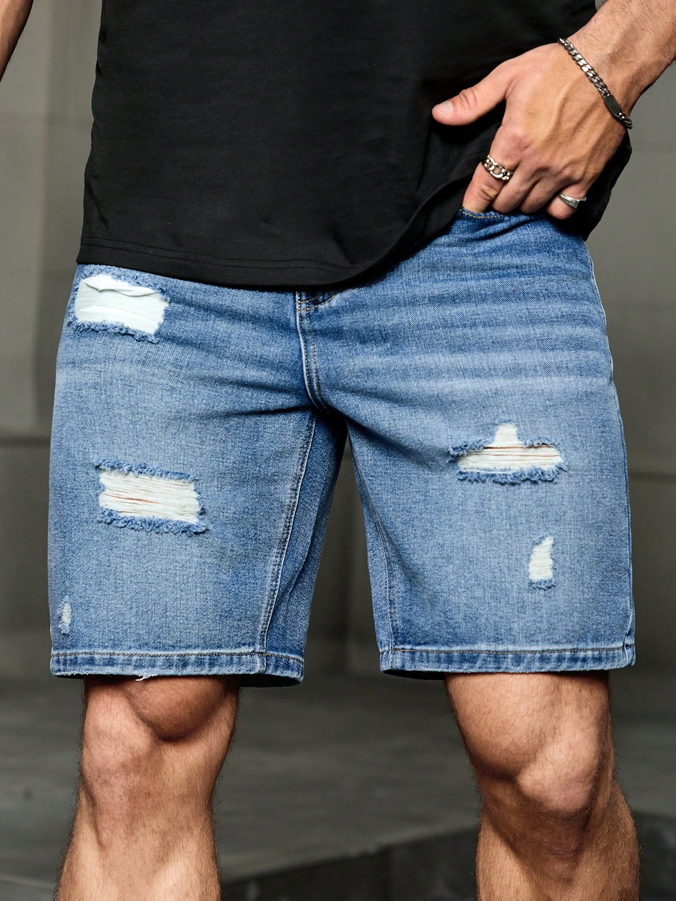 Manfinity RivetRise Men Summer Slant Pocket Washed Ripped Denim Shorts ...
