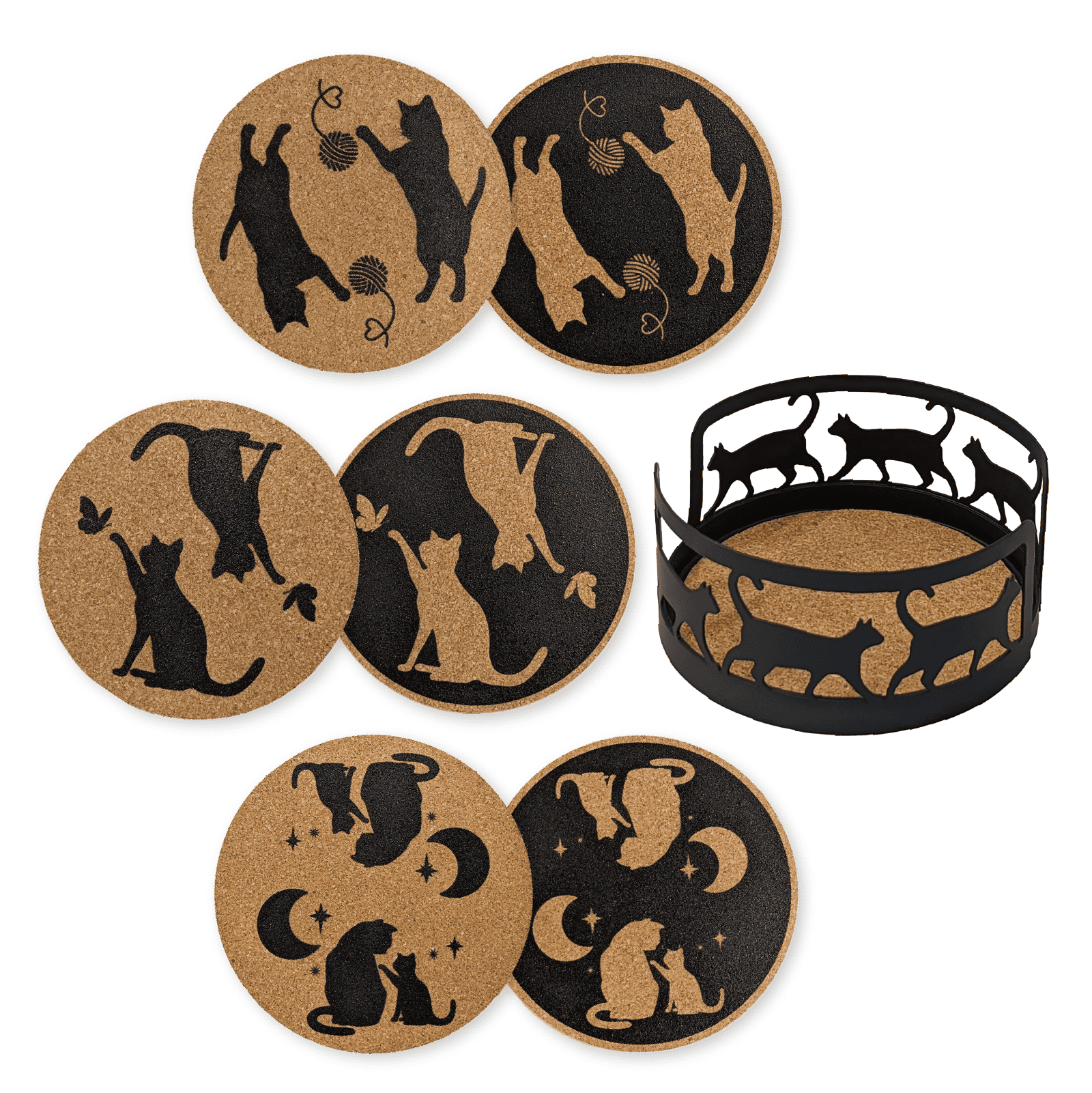 Mango Steam Cat Cork Coasters Set, Decorative Holder, Six Absorbent ...