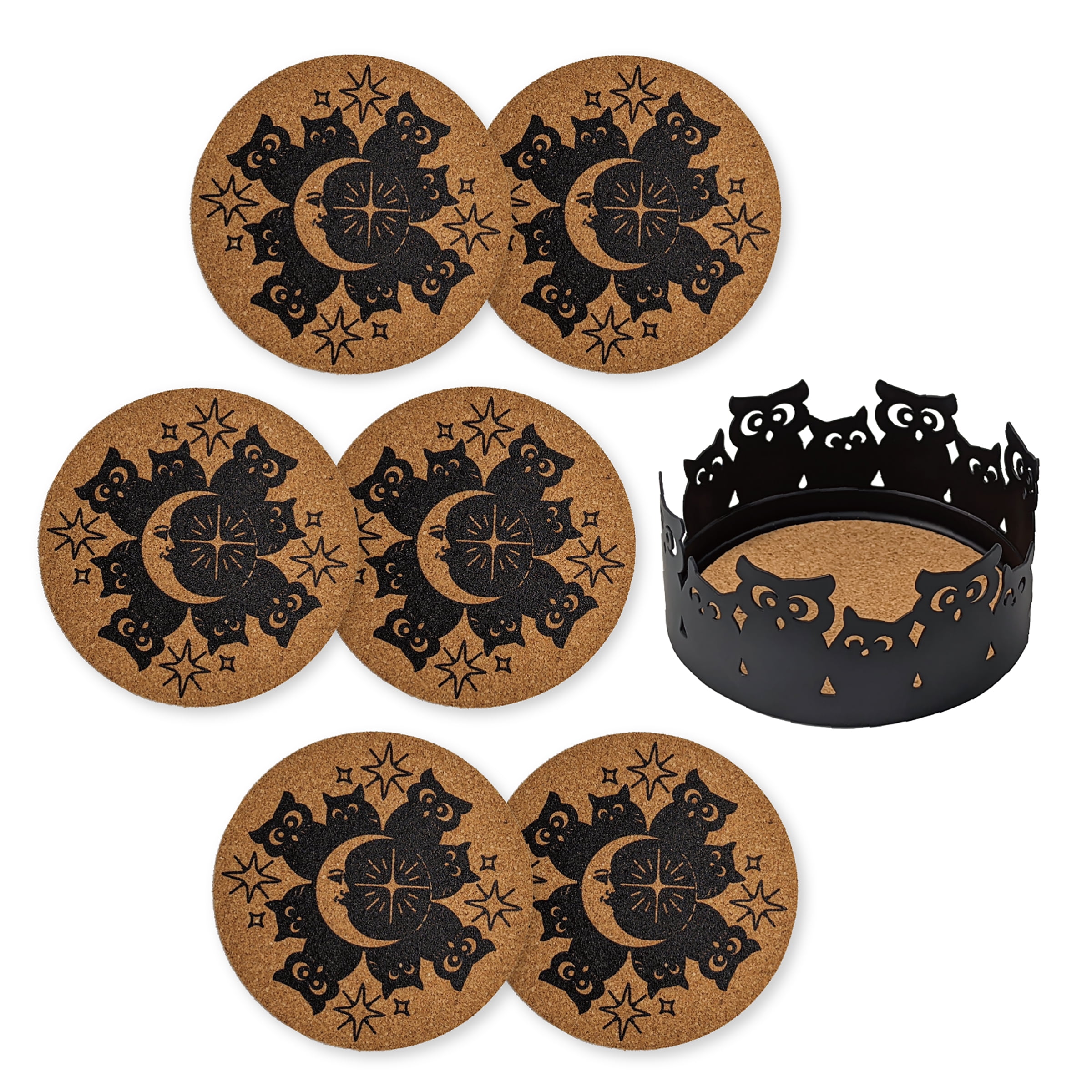 Mango Steam Set of Six Owl Cork Coasters with Decorative Coaster Holder ...
