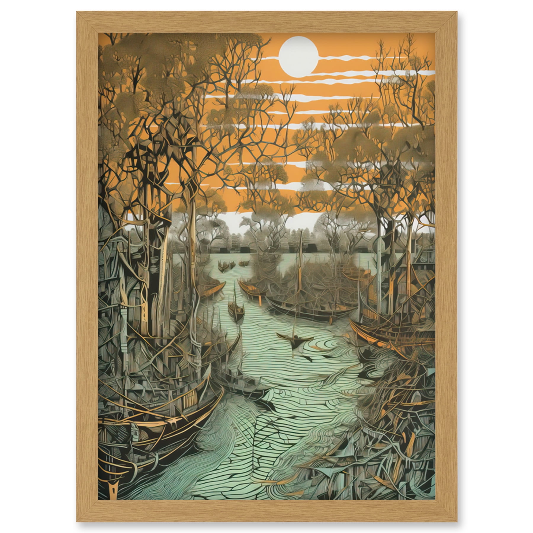 Mangrove Forest Swamp Landscape Linocut Style Artwork Framed Wall Art ...