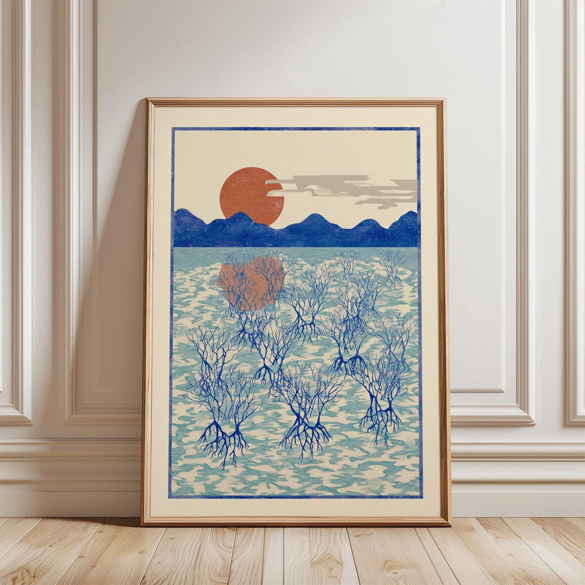 Mangrove Sunrise Japanese Style Blue Landscape Nature Wall Art Print ...