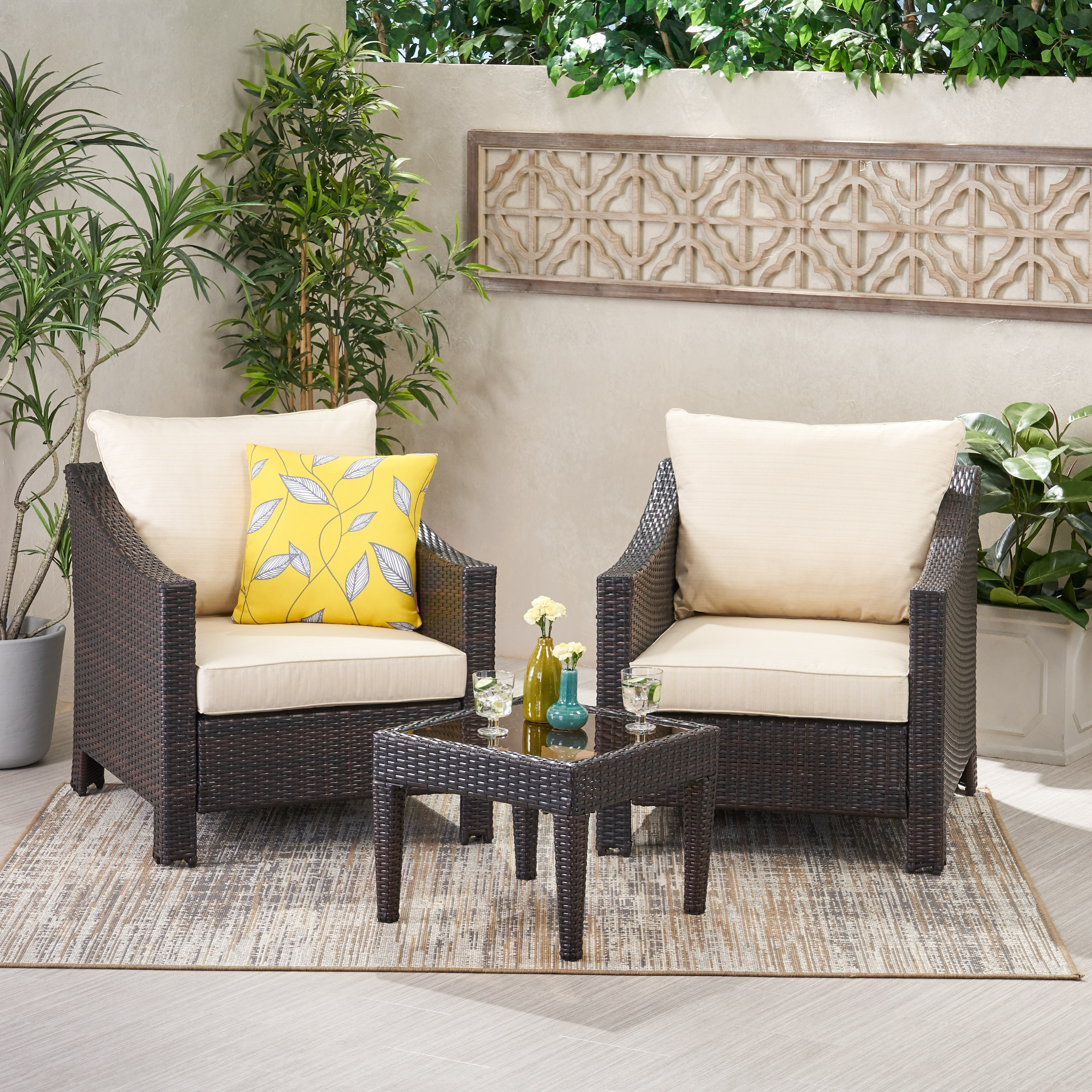 Manhattan 3 Piece Wicker Conversation Set with Cushions, Multi Brown ...