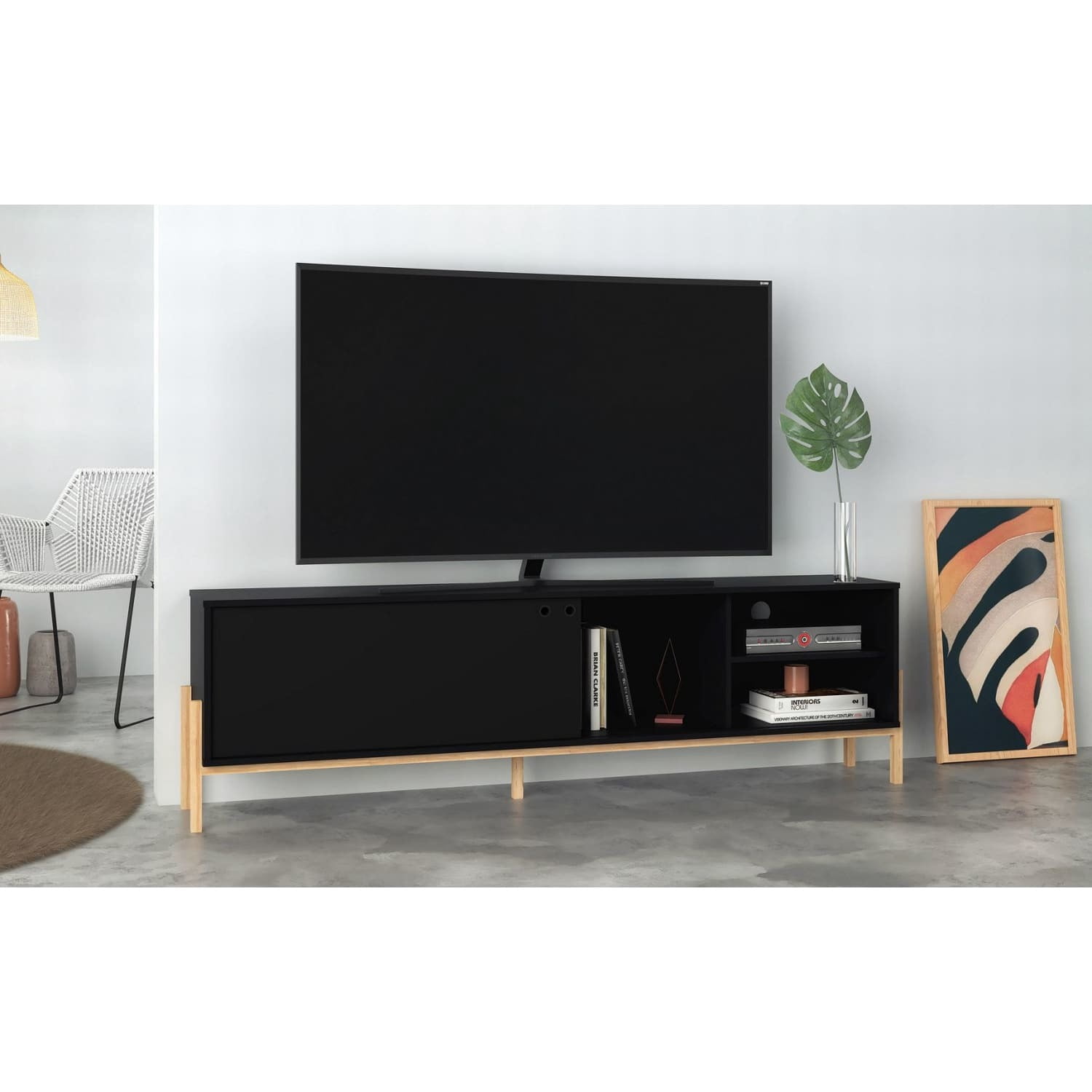 Manhattan Comfort Bowery 72.83 TV Stand with 4 Shelves in Black and Oak ...