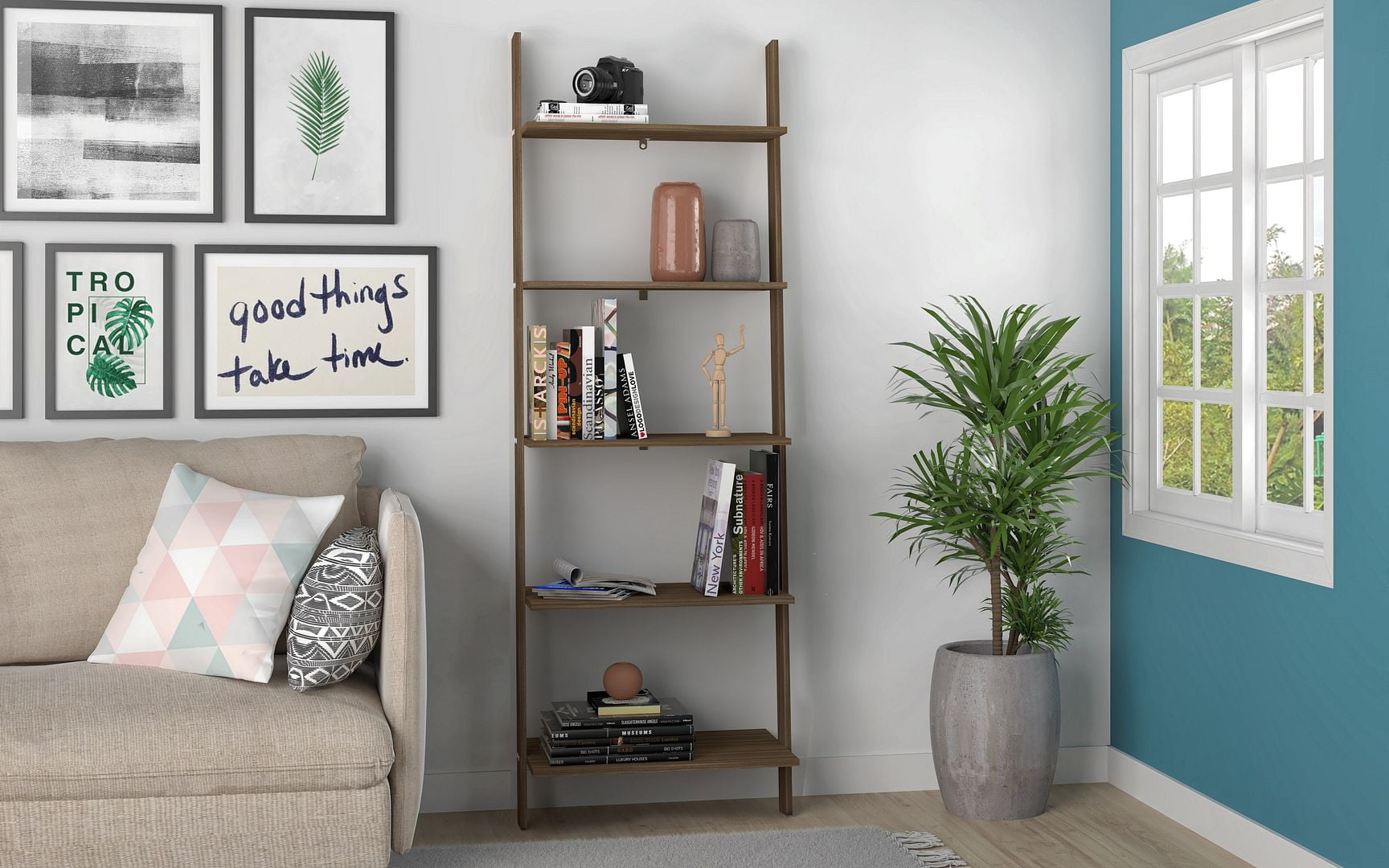 Manhattan Comfort Cooper 5-Shelf Floating Ladder Bookcase in Oak ...