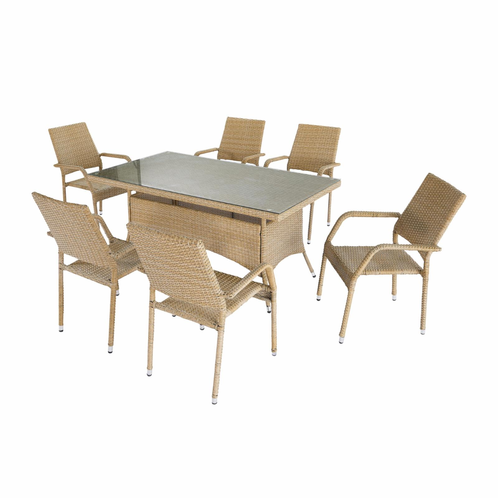 Manhattan Comfort Genoa 7-Piece Rattan & Glass Patio Dining Set in ...