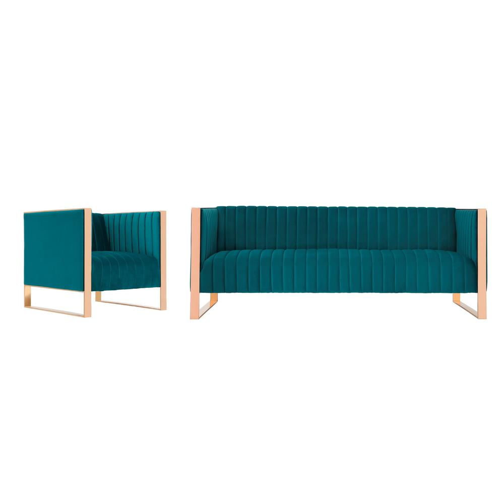 Manhattan Comfort Trillium 2-Piece Velvet Sofa & Armchair Set in Teal ...